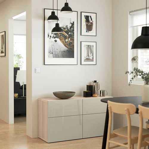 BESTA white stained oak effect/high-gloss/beige 120x42x65 cm storage ...
